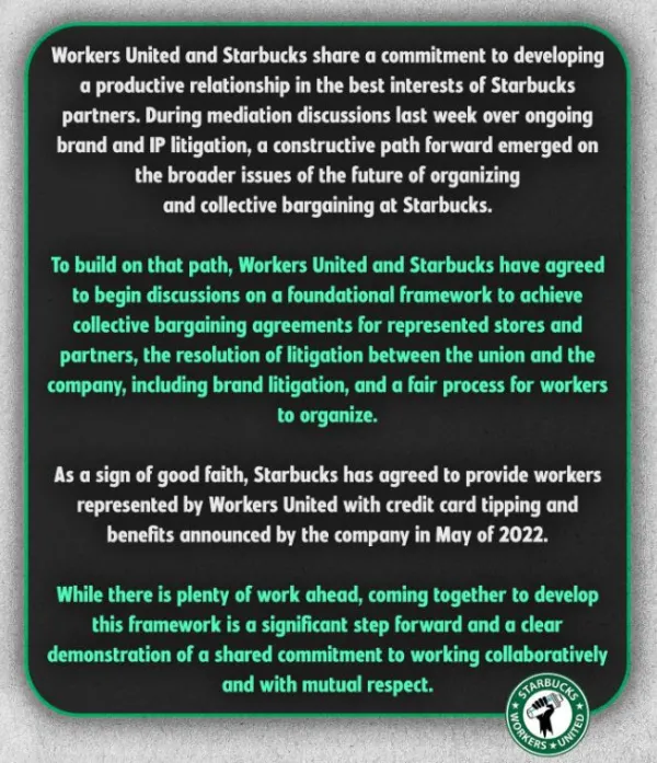 Workers United and Starbucks Agree on Path Forward | New York City ...
